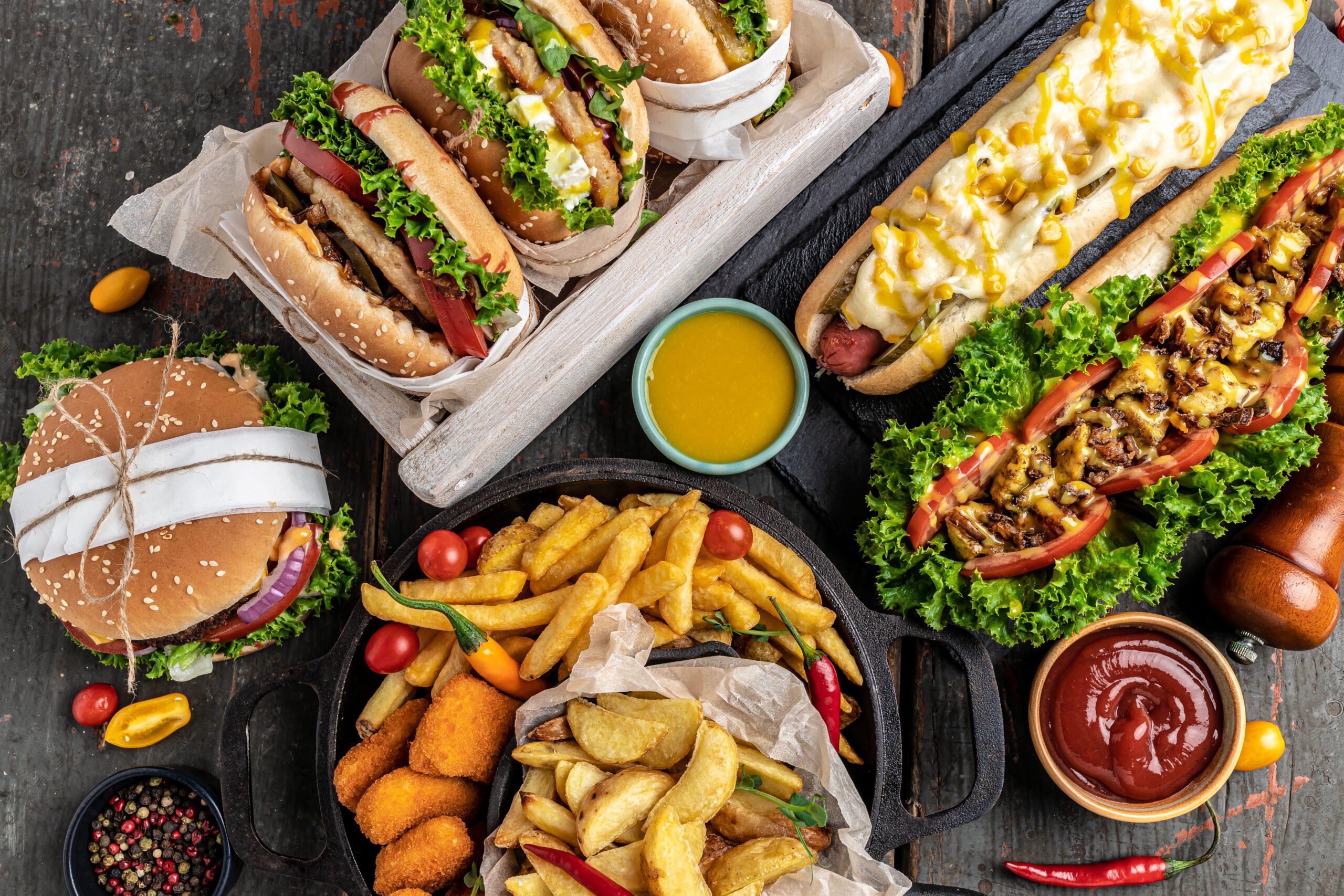 American fast food. Hamburgers, French fries, hot dogs. fast food and ...