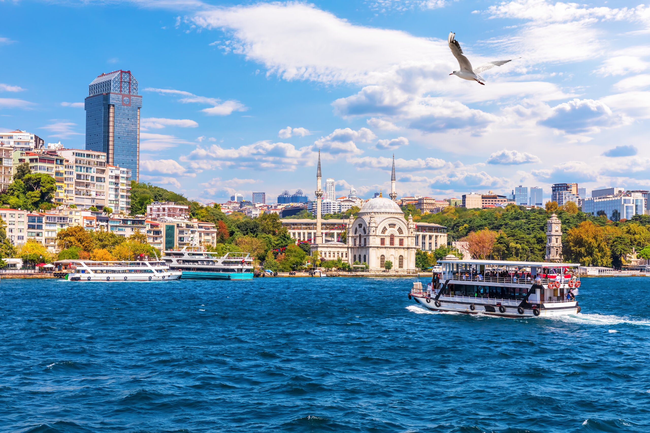 The Bosphorus, view on the Molla Celebi Mosque and the modern buildings ...